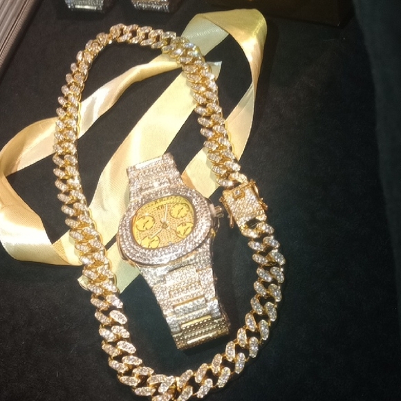 Accessories | Used Gold Watch With 18 In Chain Lab Stones Ice Celebrity ...